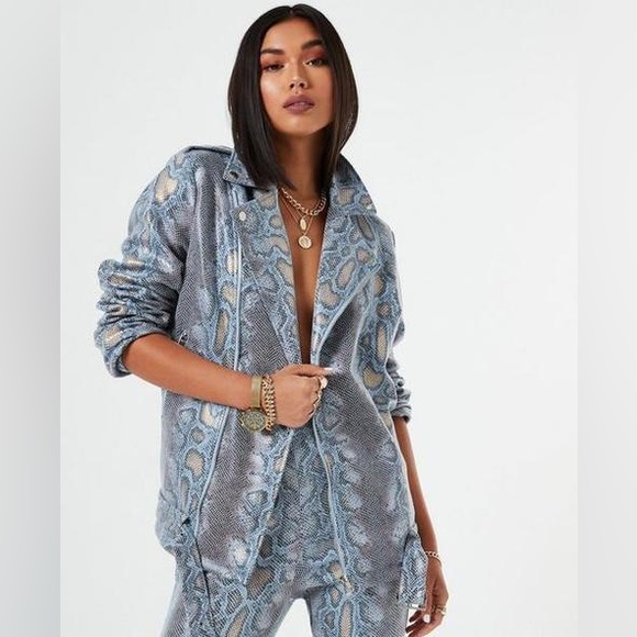 Missguided | Jackets & Coats | Missguided Blue Snake Biker Jacket ...